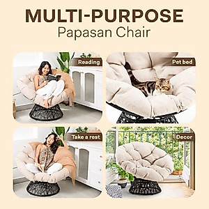 Bme Ergonomic Wicker Papasan Chair with Soft Thick Density Fabric Cushion, High Capacity Steel Frame, 360 Degree Swivel for Living, Bedroom, Reading Room, Lounge, Sepia Sand - Black Base