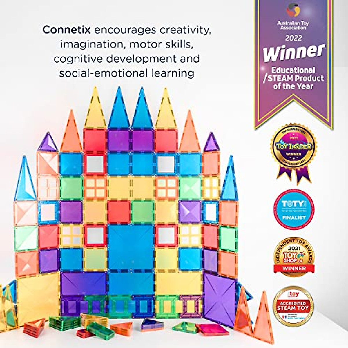 Connetix Tiles, 100 pc Creative Pack of Magnetic Building Tiles for Kids, Colorful Shapes, Fences, and Door Frames to Create Big Castles, Rockets, Bridges, Towers, and More