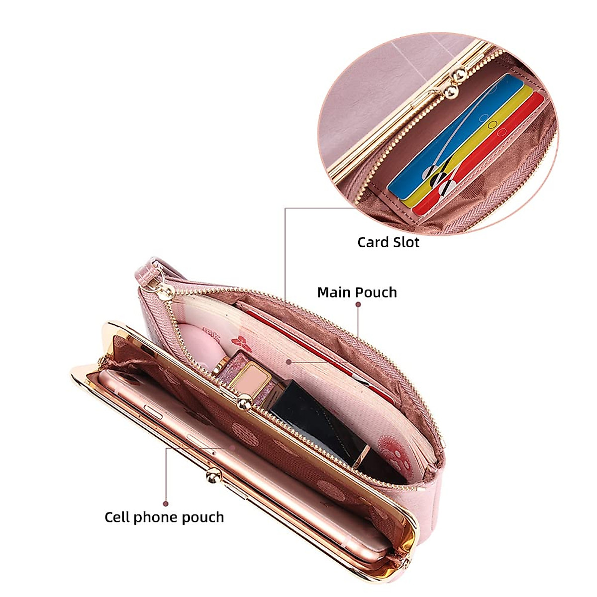 Yohora Wristlet Clutch Slim Leather Wallet Kiss Lock Handbag with Cellphone Pocket Retro Lightweight Pure Mini Coin Pouch
