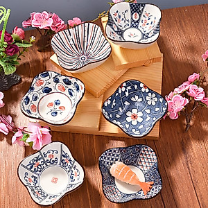 BOSILI Sauce Bowl Set of 6-4 OZ Sauce Plate, 6 Different Pattern Dipping Bowls/Dish, Mini Small Bowls for Soy Sauce, Ketchup, Condiments, Salad Dressing, Spices