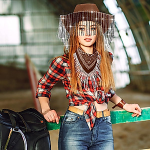 Pasimy Rhinestone Cowgirl Cowboy Hat and Bachelorette Bandanas Set Bling Diamond Fringe Hat for Women Men Cosplay Costume (Black)