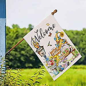 Spring Flag 28 X 40 Double Sided, Large Gnome Welcome Garden Flag for Outdoor, Decorative House Flag, Spring Summer Burlap Garden Gnome Decor, Farmhouse Seasonal Spring Garden Flag for Yard Outside