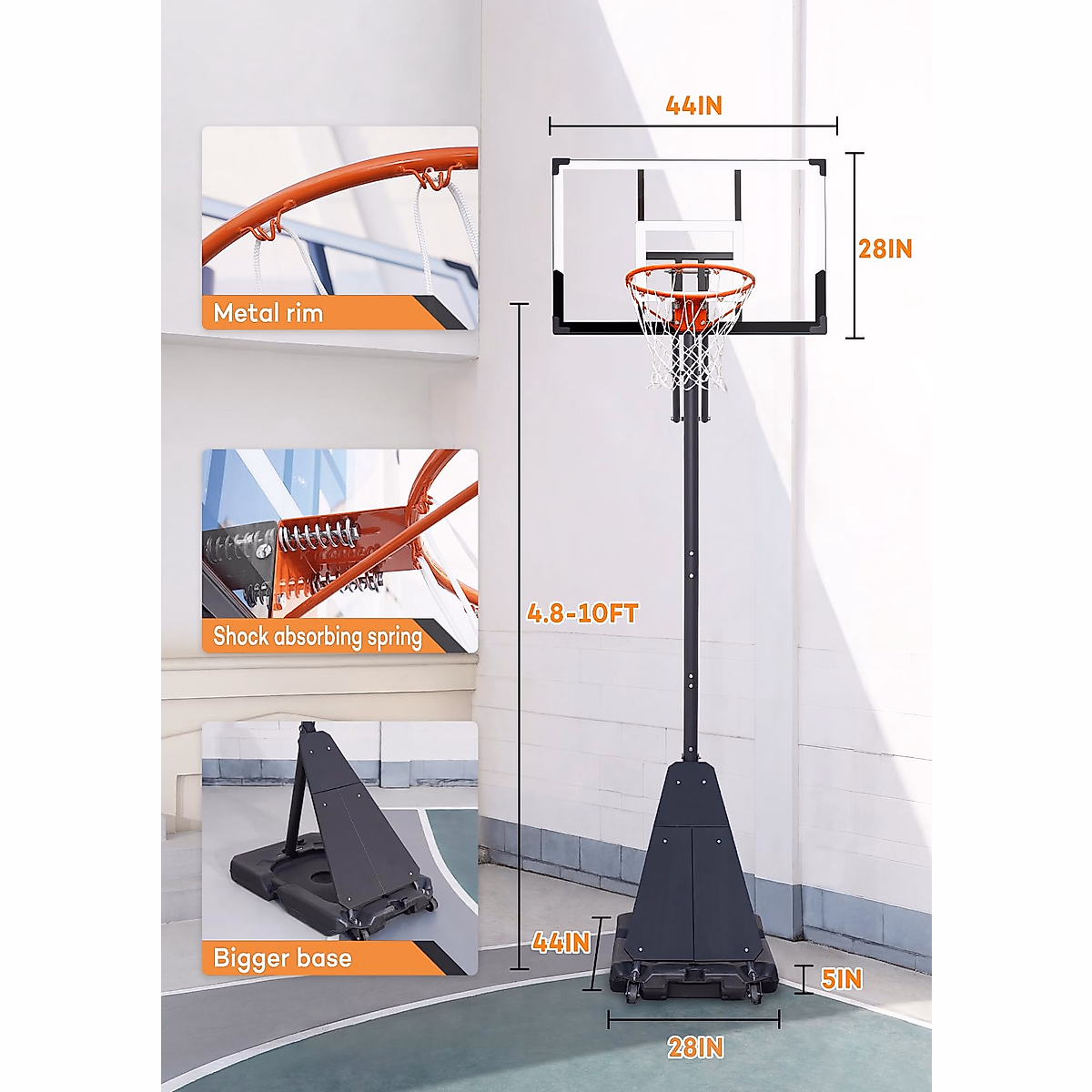 Aimking Basketball Hoop Outdoor System with 44 Inch Shatterproof Backboard, 4.8FT-10FT Height Adjustable Basketball Goal System for Youth/Teens/Adults Indoor Outdoor Pool