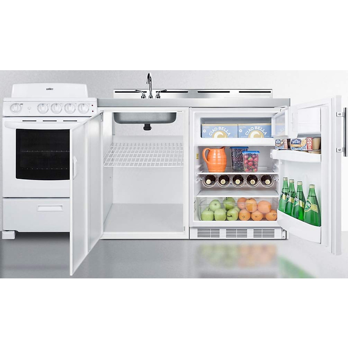 Summit Appliance ACK72COILW 72" Wide All-in-One Kitchenette with 220V 4-Element Electric Coil Range, Refrigerator-Freezer, Sink, Cutting Board and Cutlery Storage, and a Storage Cabinet