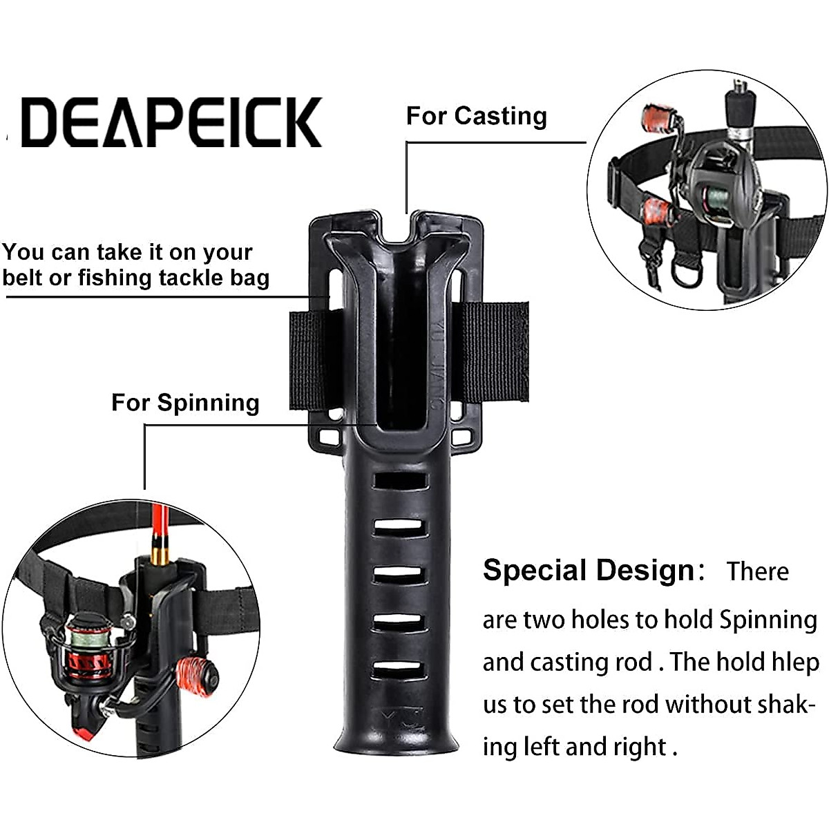 DEAPEICK Fishing Waist Belt Rod Holder Adjustable Waist Wading Belts with 6Pcs Removable Hooks and Portable Pole Inserter for Spinning Casting Fly Fishing Portable Fishing Gear Accessories Wader Strap