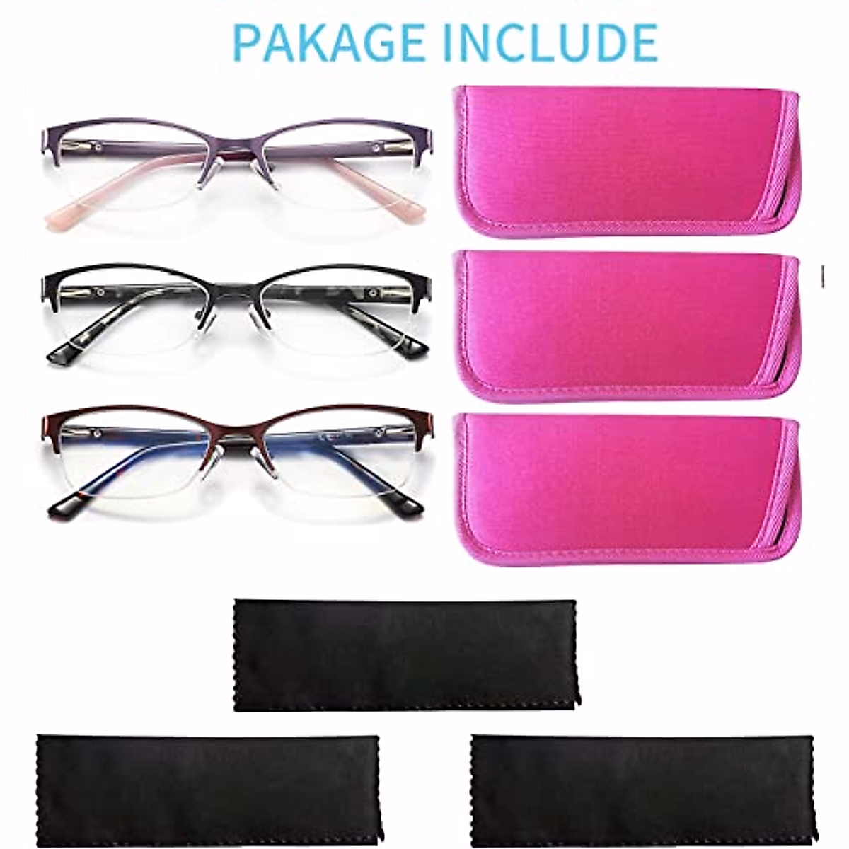 HOTJOJO Blue Light Blocking Reading Glasses for Women - 3 Pack with Metal Oval Frame, Spring Hinge, Anti Blue Ray - 225 Magnification Strength