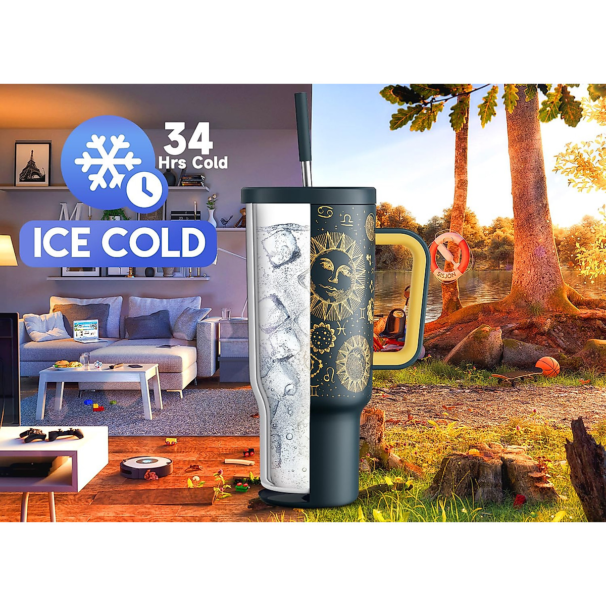 Meoky 40 oz Tumbler with Handle and Straw, Tumbler with Lid and Straw, Insulated Stainless Steel Travel Mug, 100% Leak-proof, Keeps Cold for 34 Hours or Hot for 10 Hours (Tarot)