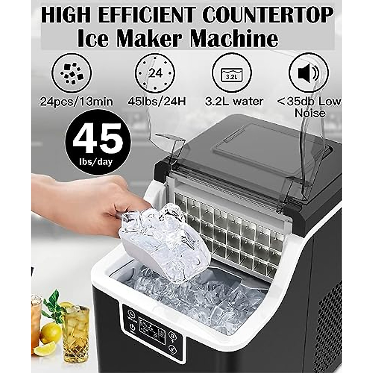 Kndko Ice Maker 45Lbs,2-Way Add Water,Self Cleaning Ice Makers Countertop,Home Ice Machine,Ice Size Control,24H Timer,Party Countertop Ice Maker for Home Bar RV,Stainless Steel Ice Maker Machine