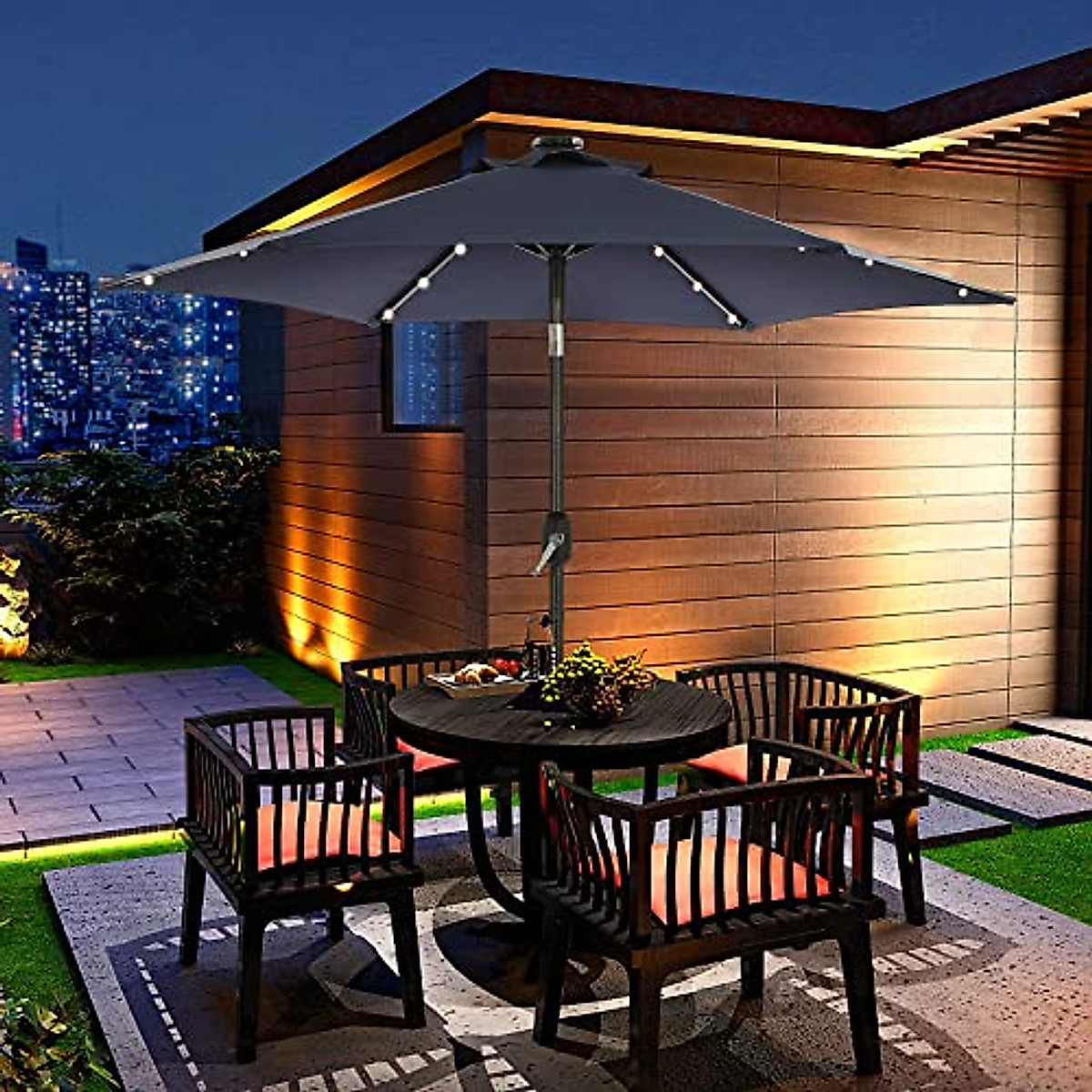 Aok Garden 7.5 FT Solar Patio Umbrella with 18 LED Lights Outdoor Table Market Umbrella with Push Button Tilt and Crank 6 Sturdy Aluminum Ribs for Deck, Lawn, Pool& Backyard, Navy Blue