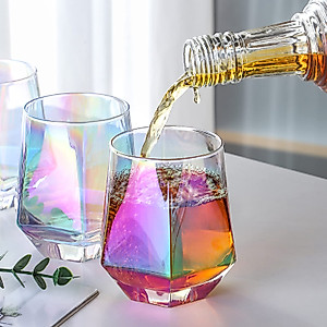 DIEWEISIMI Wine Glasses Set of 6 (10 Oz), Stemless Wine Glass for Red and White Wine, Iridescent Diamond Shaped Glassware for Whiskey, Cocktail, Best Gift Anniversary, Wedding, Housewarming, Birthday