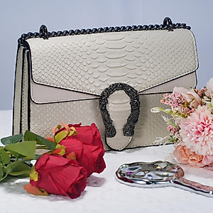 Aiqudou Crossbody Shoulder Square Purse For Women - Fashion Embossed Snake-Print Leather Handbag Metal Chain satchel Tote Bag