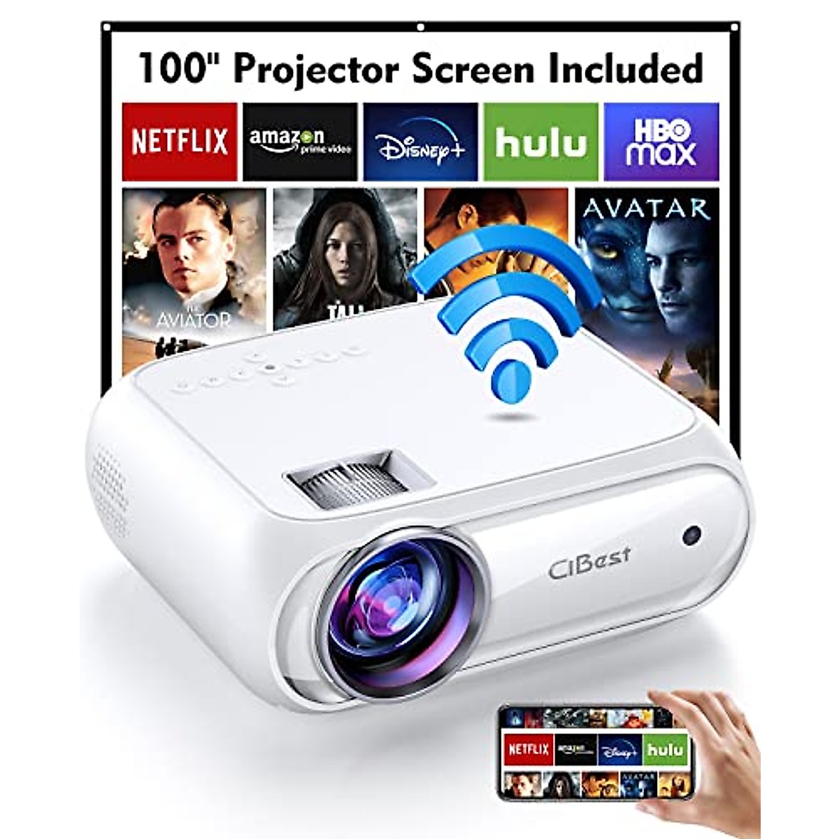Mini Projector, ELEPHAS 2023 Upgraded Native 1080P WiFi Projector, 12000 Lux Portable Projector with Projector Screen, Movie Projector Compatible with Android/iOS/Windows/TV Stick/HDMI/USB