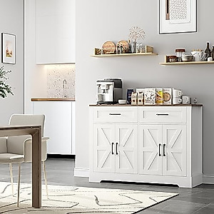 BOTLOG Farmhouse Buffet Cabinet with Storage, 47.2" Sideboard Storage Cabinet with Drawers Coffee Bar Cabinet for Kitchen, Dining Room, Hallway, White