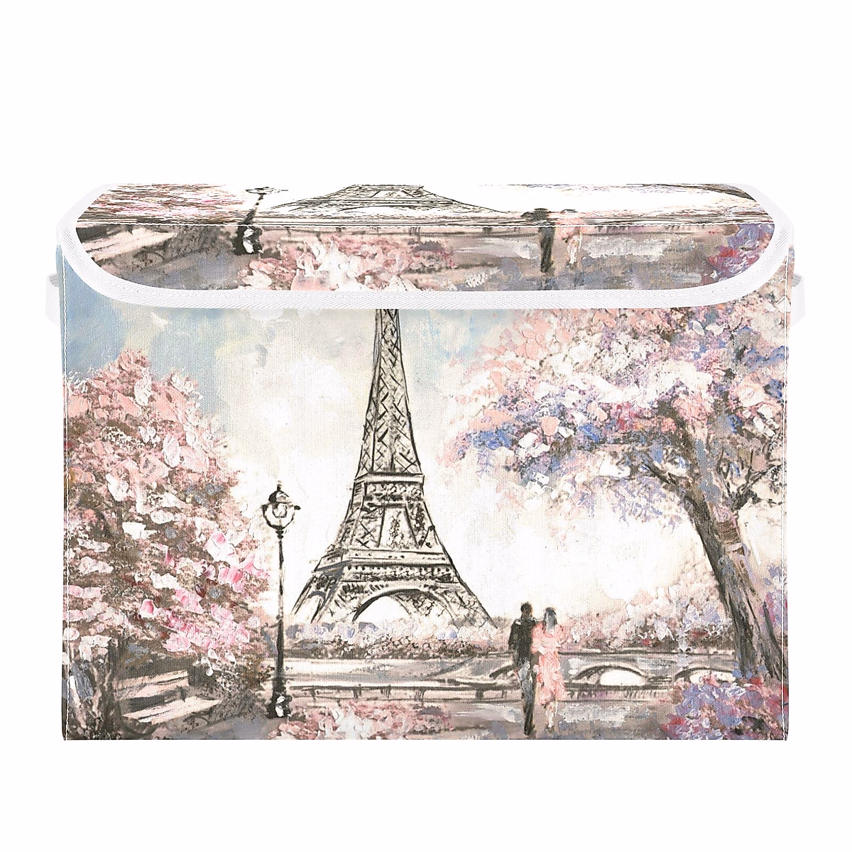 Kigai Beautiful Paris Eiffel Tower Lidded Home Storage Bins, Foldable Storage Basket with Double Handle, Flip-Top Storage Box for Toys Clothes Documents