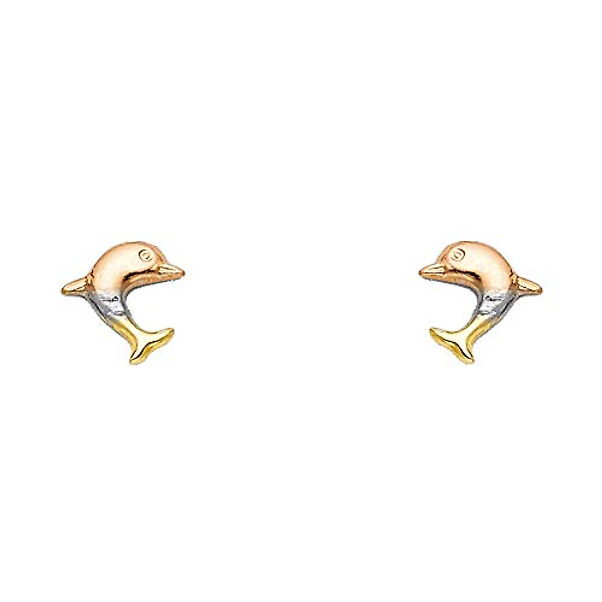 14k REAL Tri Color Gold Dolphin Stud Earrings with Screw Back