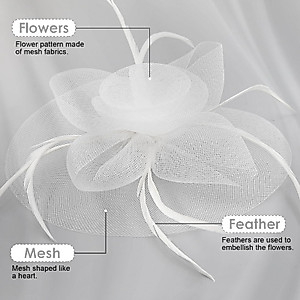 WATAME Fascinators for Women Girls Derby Hats Feather Flower Ribbons Fascinator Headband Wedding Cocktail Tea Party Hats (US, Alpha, One Size, White)
