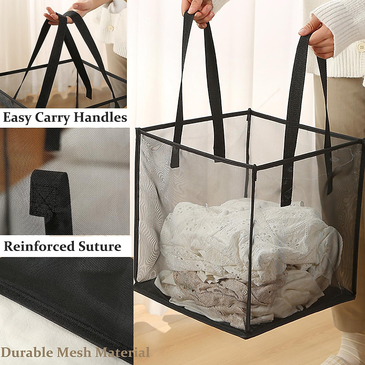 2 Pack Popup Laundry Hamper, Collapsible Mesh Laundry Baskets with Handles, Foldable Clothes Storage Hamper, Easy to Open, Portable for Laundry Storage, Kids Toy, Bathroom, Dorm or Travel, Black