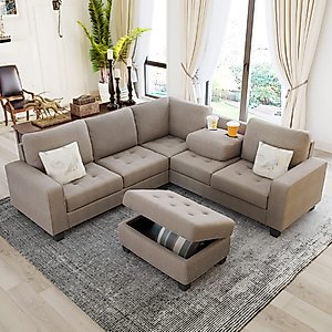 Merax Sectional Corner Sofa with Storage Ottoman and Cup Holders, L-Shape Couch Space Saving for Large Space Dorm Apartment