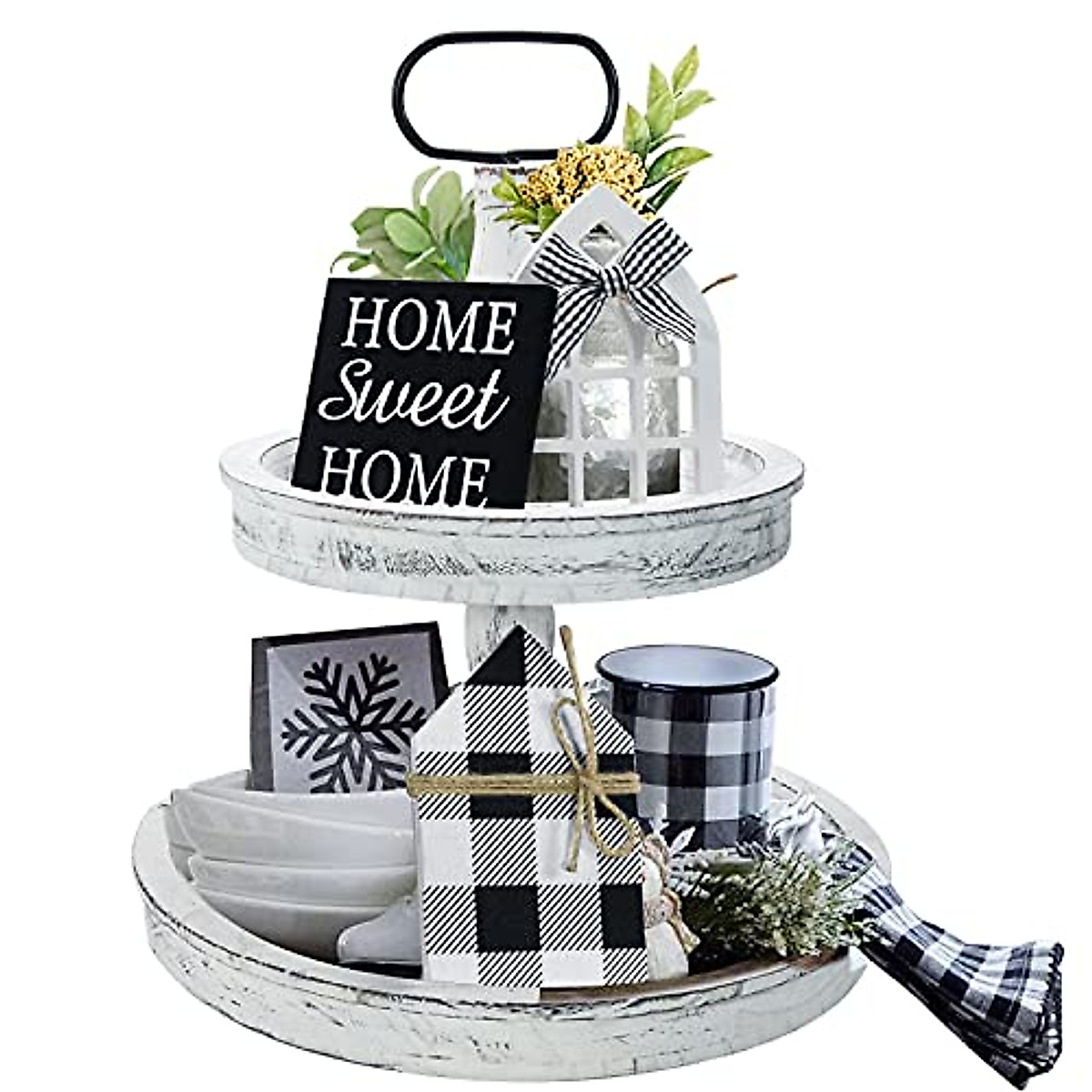 Farmhouse Decor, Two Tiered Tray White with 3 Wood Cute Signs, Wooden Rustic Modern Decorations Items for Home Kitchen Shelf Coffee Bar Table