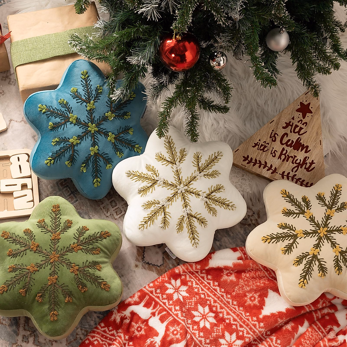 Ashler Snowflake Pillows, Snowflake Throw Pillow, Off White Pillows, 15x15 in Velvet Cushion for Sofa, Bedroom, Living Room Decor