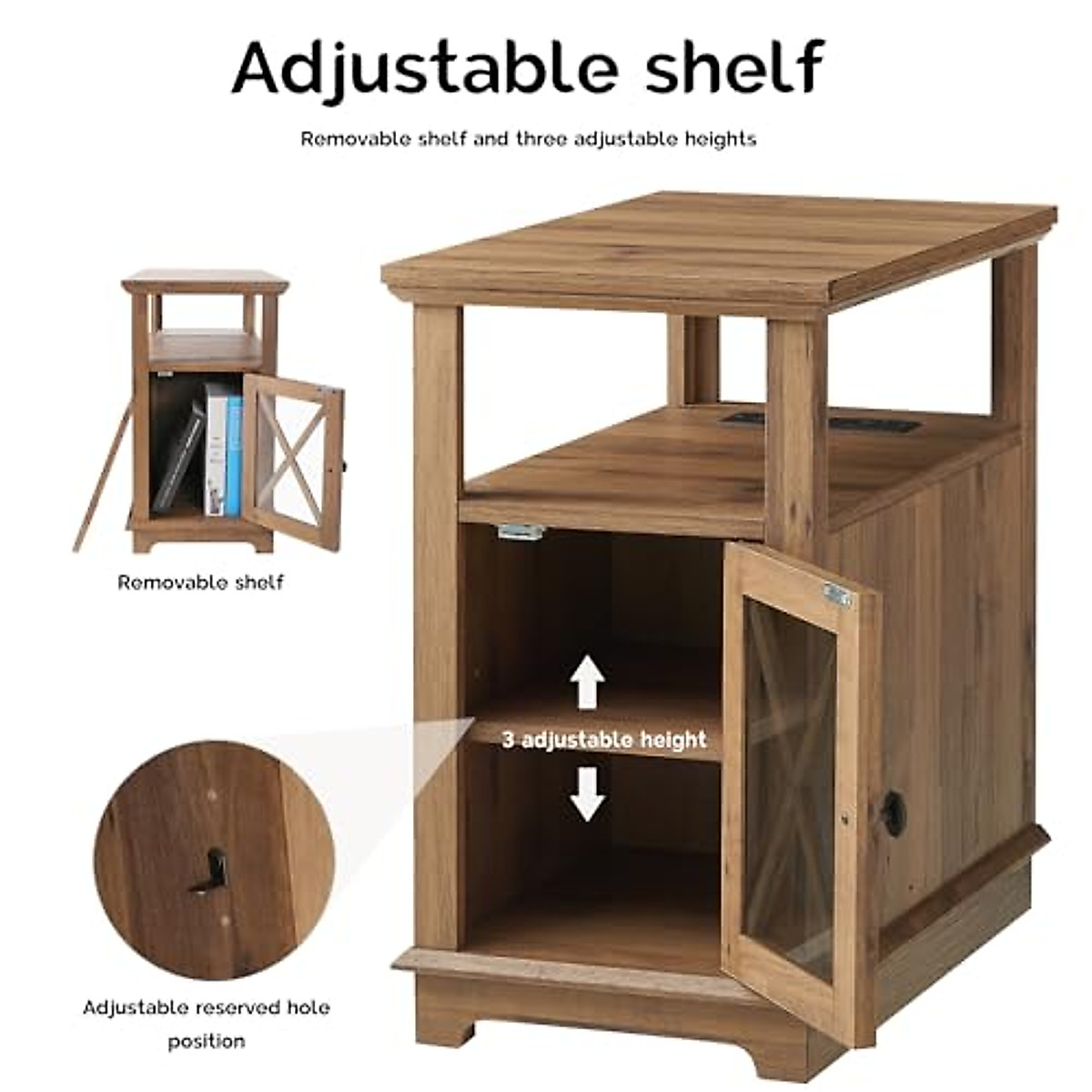 NBBOTBOT End Table with Charging Station, Side Table with USB Ports and Outlets, Nightstand with Adjustable Shelves, Narrow Side Table with Storage Cabinet for Living Room, Bedroom, Brown