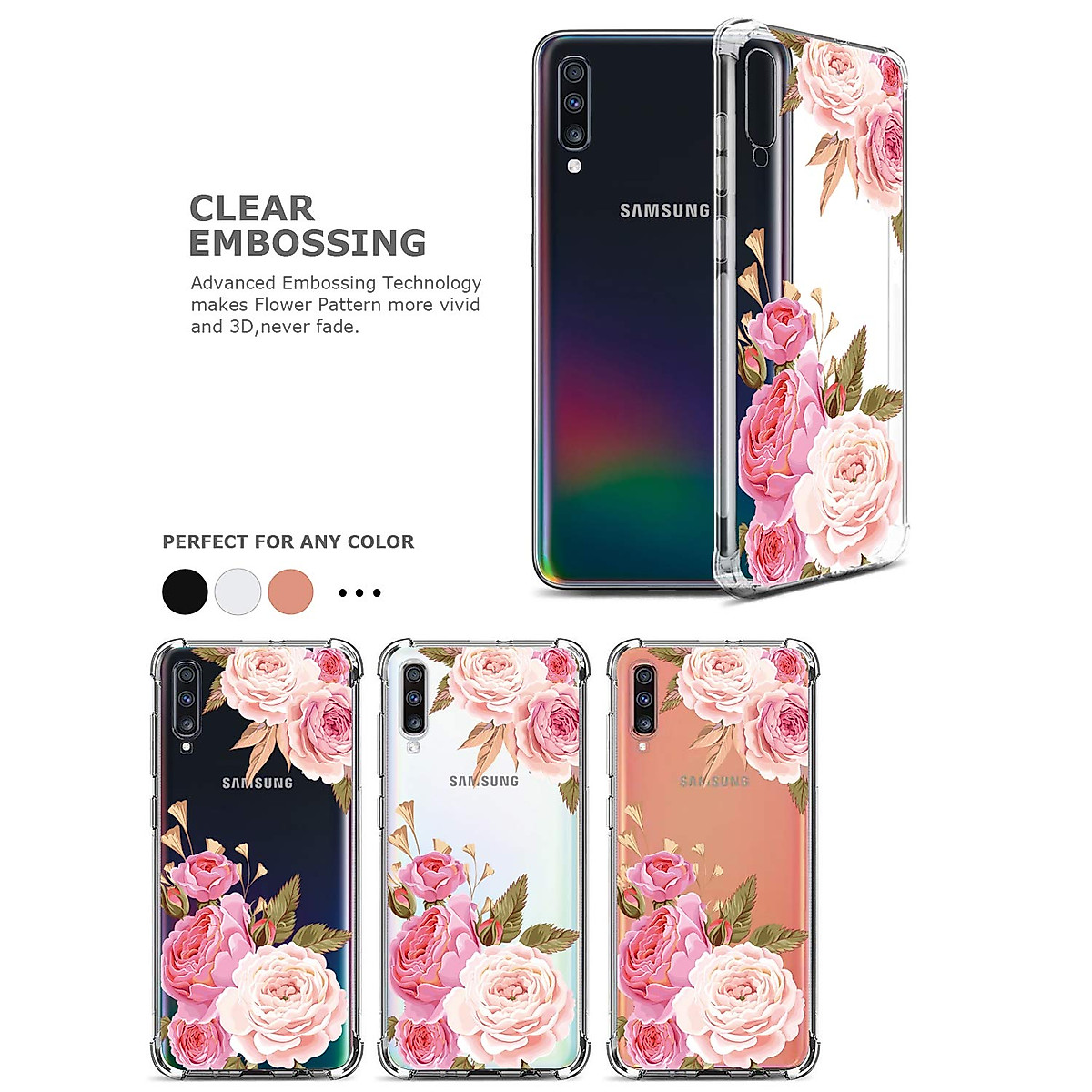 GREATRULY Floral Clear Case for Galaxy A70 for Women Girls,Pretty Phone Case for Samsung Galaxy A70 (2019),Flower Design Transparent Slim Soft Drop Proof TPU Bumper Cushion Silicone Cover Shell,FL-K