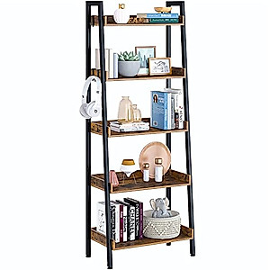 Rolanstar Bookshelf, 5 Tier Ladder Bookshelf with 3 Hooks, Industrial Bookcases, Freestanding Display Plant Shelves with Metal Frame for Living Room, Rustic Brown