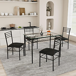 NAFORT 5-Piece Dining Table Set for 4, Modern 3/8’’ Tempered Glass Kitchen Room Table with 4 Upholstered Dining Chairs, Space-Saving Dinette Tables with Metal Frame for Apartment, Office