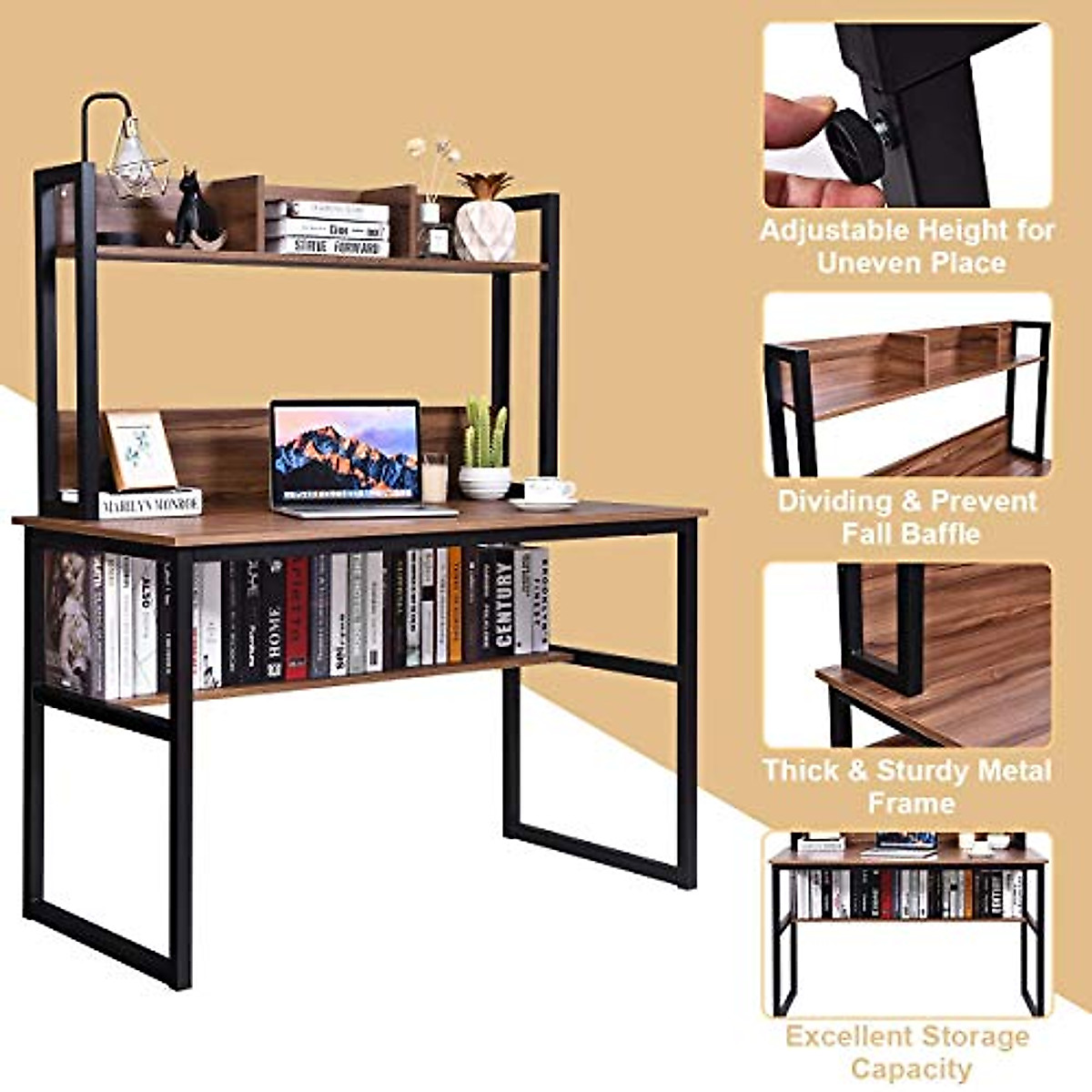 Tangkula Computer Desk with Hutch, Home Office Desk Study Writing Desk with Storage Bookshelves, Space Saving Computer Workstation for Home Office (Light Walnut)