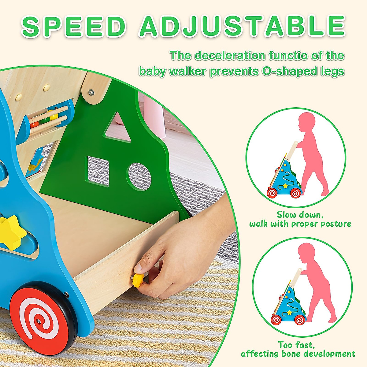 V-Opitos Wooden Baby Walkers, Height and Resistance Adjustable Push Walker with Multiple Learning Activity Center, Baby Sit to Stand Walker Toys, Ideal Gifts for 6-12, 12-18 Months Boys & Girls