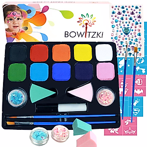 Bowitzki Body Face Paint Kit With 10 Colors,32 Stencils,2 Brushes,2 Chunky Glitters,2 Sponges,1 Glue,Water Based Easy To Remove Face Painting For Kids, Safe Professional Halloween Party Makeup Set
