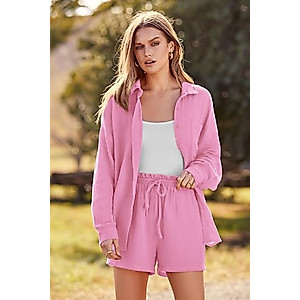PRETTYGARDEN Women's 2 Piece Tracksuit Outfit Long Sleeve Blouse High Waisted Drawstring Shorts Loungewear Set (Pink,Medium)