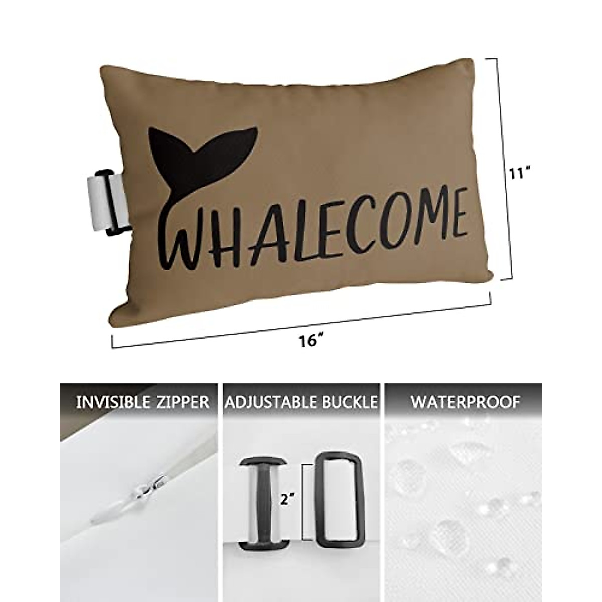 Recliner Head Pillow Ledge Loungers Chair Pillows with Insert Whalecome Tail Cartoon Brown Lumbar Pillow with Adjustable Strap Outdoor Waterproof Patio Pillows for Beach Pool Chair, 2 PCS