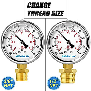 MEANLIN MEASURE -30~30Psi Stainless Steel 1/4" NPT 2.5" FACE DIAL,Vacuum Pressure Gauge,Lower Mount, with 1/4" x 1/2" NPT and 1/4" x 3/8" NPT Hex Bushing