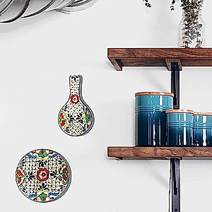 Handmade Pottery Spoon Rest, Dots & Flowers Encantada