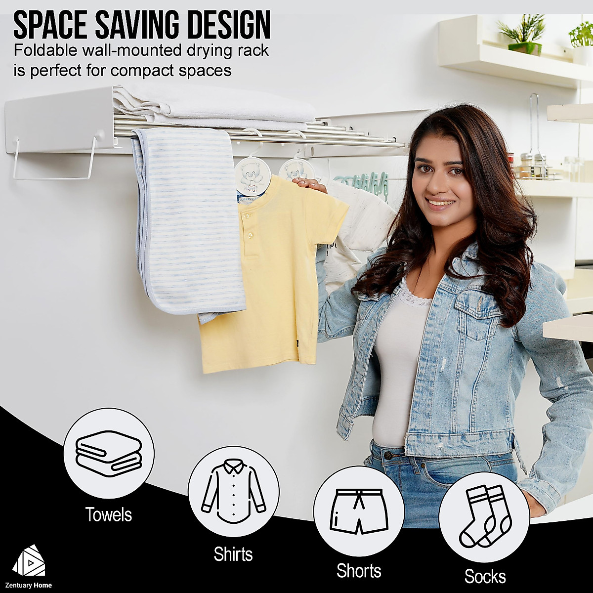 Zentuary Home Wall Mounted Clothes Drying Rack – Space-Saving Foldable Laundry Dryer Rack with 2 Towel Rails, Hangers & Pegs Included |Collapsible Wall Drying Rack | Indoor & Outdoor Use, 31.5 Inches