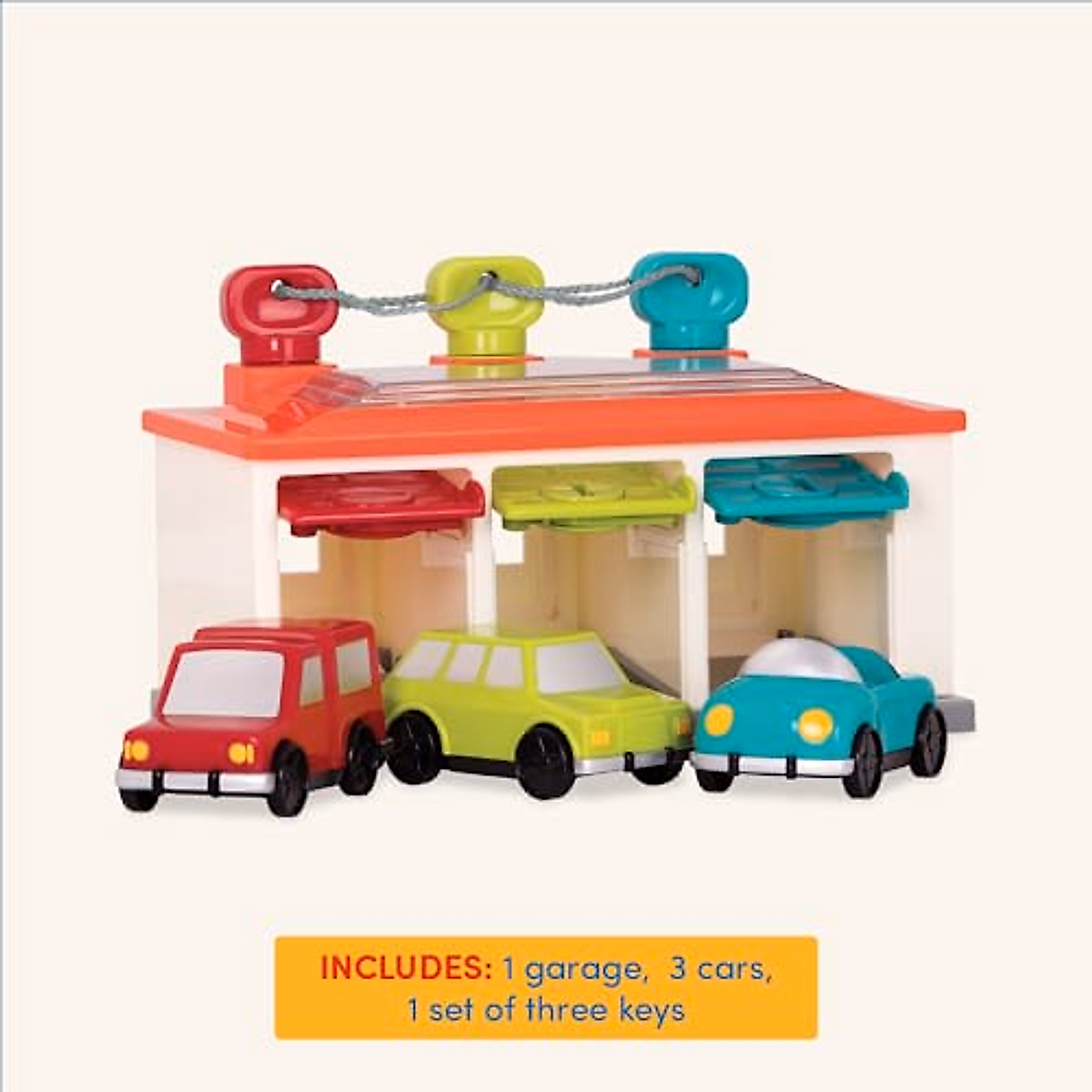 Battat – Car & Color Sorting Playset – Cause-And-Effect Toy – Push & Go Cars – Color-Coded Matching – 2 Years + – 3-Car Garage