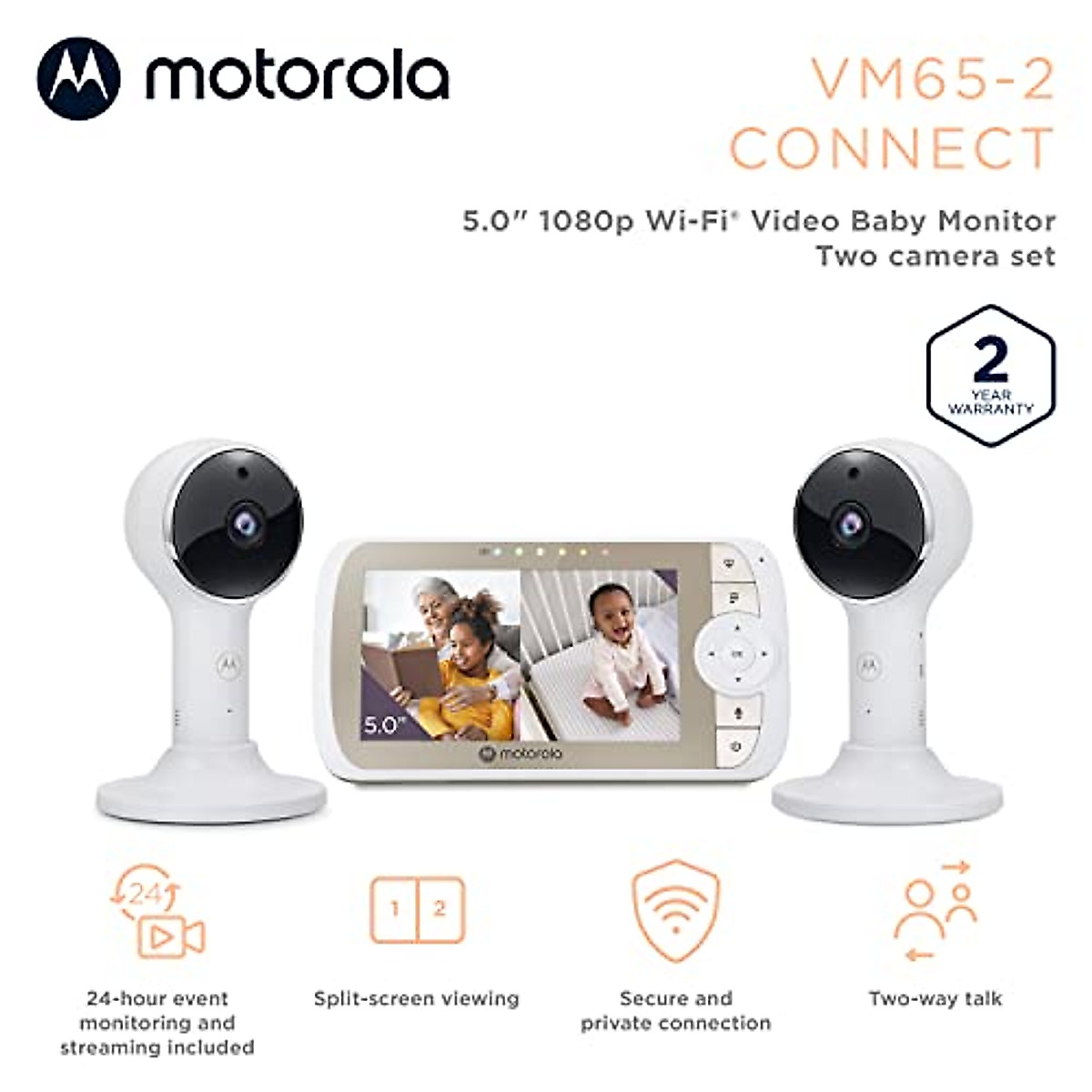 Motorola Baby Monitor VM65-5 WiFi Video Baby Monitor with 2 Cameras HD 1080p, Connects to Smart Phone App, 1000ft Long Range, 2-Way Audio, Remote Pan-Tilt-Zoom, Room Temp, Lullabies, Night Vision