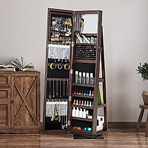 SERWALL 360 Rotating Jewelry Stand Organizer - Jewelry Armoire with Full-Length Mirror- Freestanding Dressing Mirror Jewelry Cabinet Storage - Brown