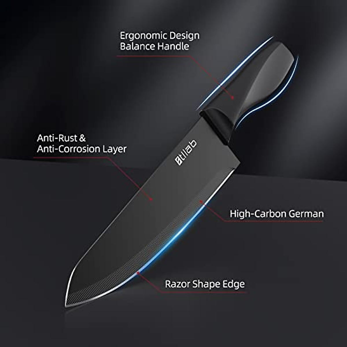 Stllab Knife Set with Cutting Board, 15 Pcs Kitchen Knife Set with Built-in Sharpener Block, Knife Set with 6 Steak Knives, Black