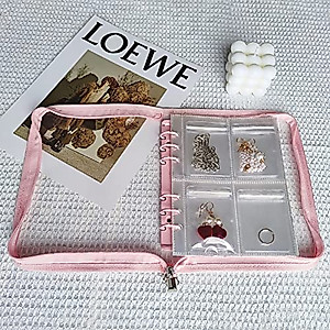 Nelonis Transparent Jewelry Storage Book Jewelry Plastic Zipper Bag Travel Storage Bag Portable Pocket Folding Travel Album Zipper Bag,Suitable for Earrings,Bracelets,Rings,Brooches (Pink)