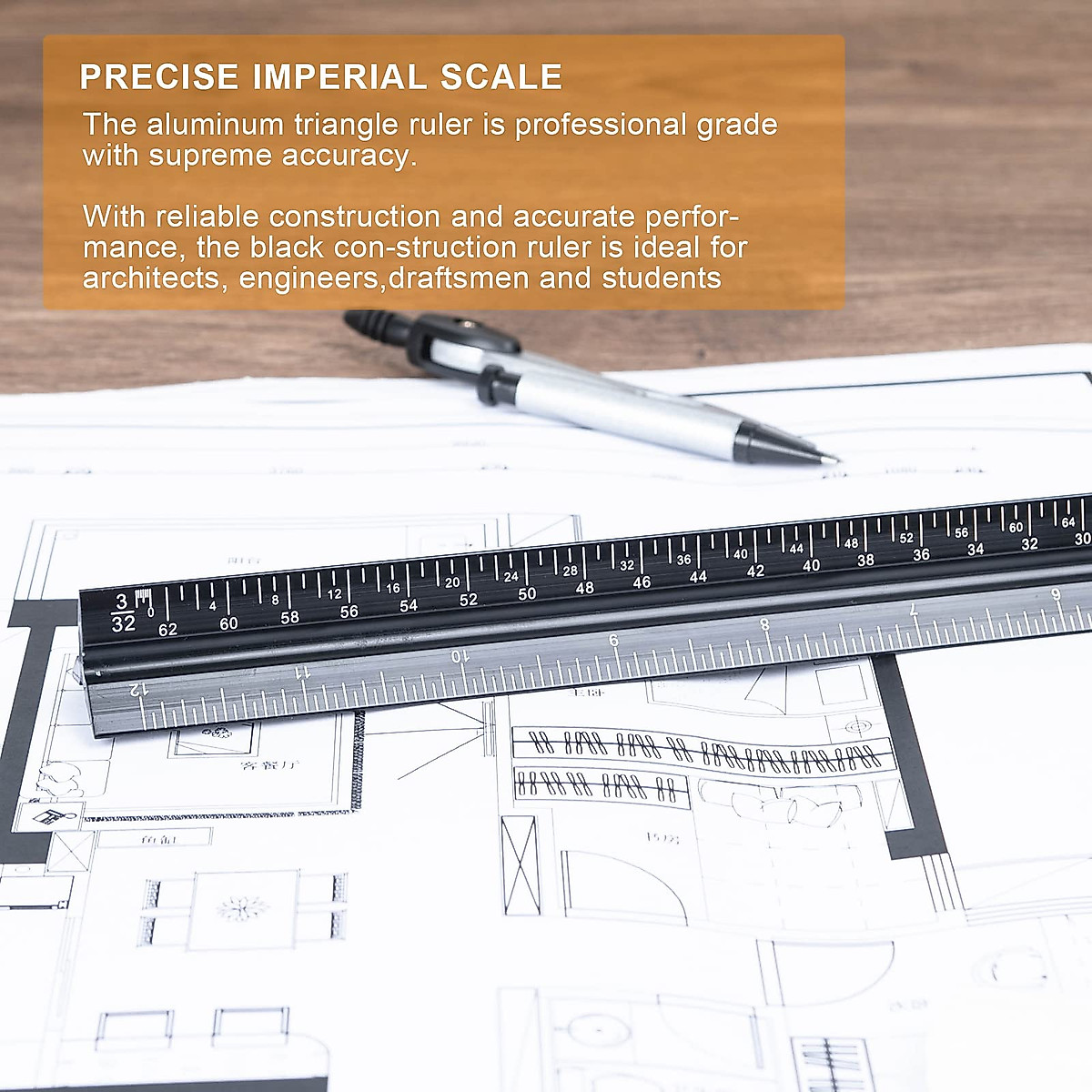 Architectural Scale Ruler for Blueprint, 12'' Metric Metal Engineers Triangle Drafting Ruler with Imperial Measurements for Architects Engineering, Artists, Draftsman Drawing, Laser-Etched Markings