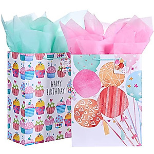 SUNCOLOR 16" Extra Large Gift Bags for Birthday Party with Tissue Paper(2 Pack, Cupcake)