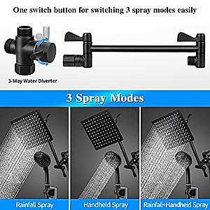 Tiluza 8-Inch Square Rain Shower Head with Handheld, High Pressure, Black Rainfall Waterfall Bathroom Dual 11-Inch Extension Arm, 10 Spray Modes, 60-Inch Hose, Adjustable 180-Degree Angle