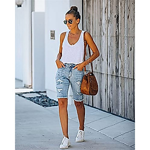 Women's Distressed Bermuda Jean Shorts Casual Summer Knee Lenght Jeans With Hole Stretchy Washed Ripped Short Denim Pants (Blue,Medium)