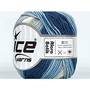 Lot of 8 Skeins Ice Yarns Alara Batik (50% Cotton) Yarn Blue Shades Light Grey Light Cream