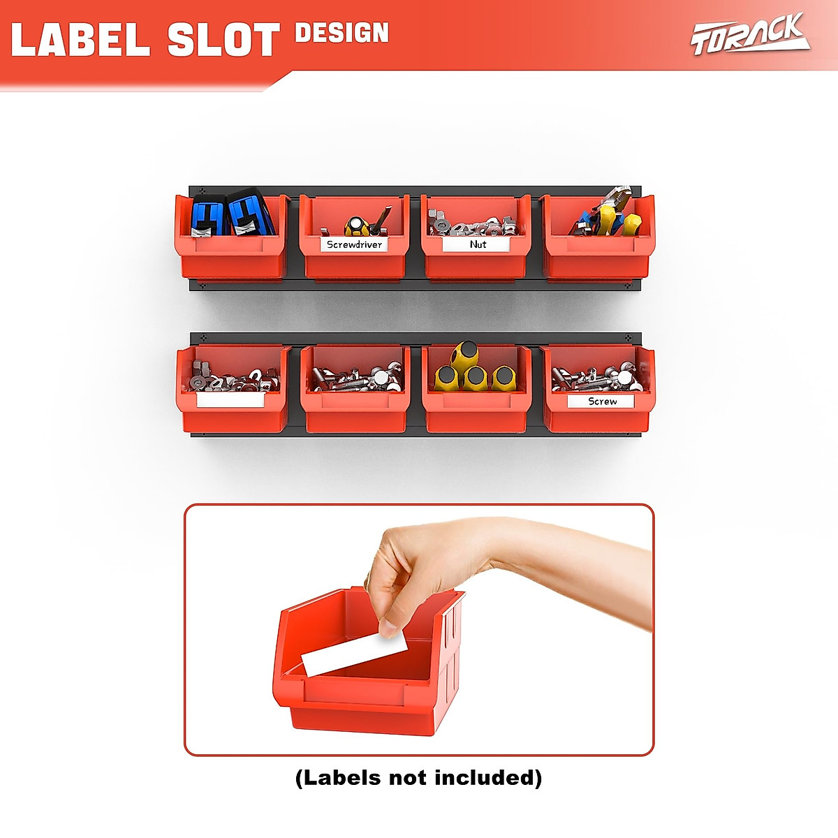 TORACK Wall-Mounted Storage Bins - 8 Plastic Bins & 2 Metal Tracks for Tools Organization in Garage, Craft Room, and Shop(Orange)
