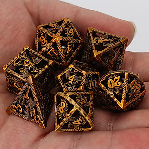 DND Dice Set 7 Pieces, JJDISO Hollow Metal D&D Polyhedral DND Dice for Dungeons and Dragons RPG Steampunk Dragons Role Playing Dice with Gift Box, Ancient Golden D4 D6 D8 D10 D12 D20 Dice Set