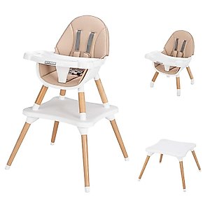 JOYMOR 5-in-1 Convertible Baby High Chair for Babies and Toddlers, Table and Chair Set, Wooden Infant Eating Highchair with Leather Seat Cushion, 4-Position Removeable & Adjustable Tray (Biege)