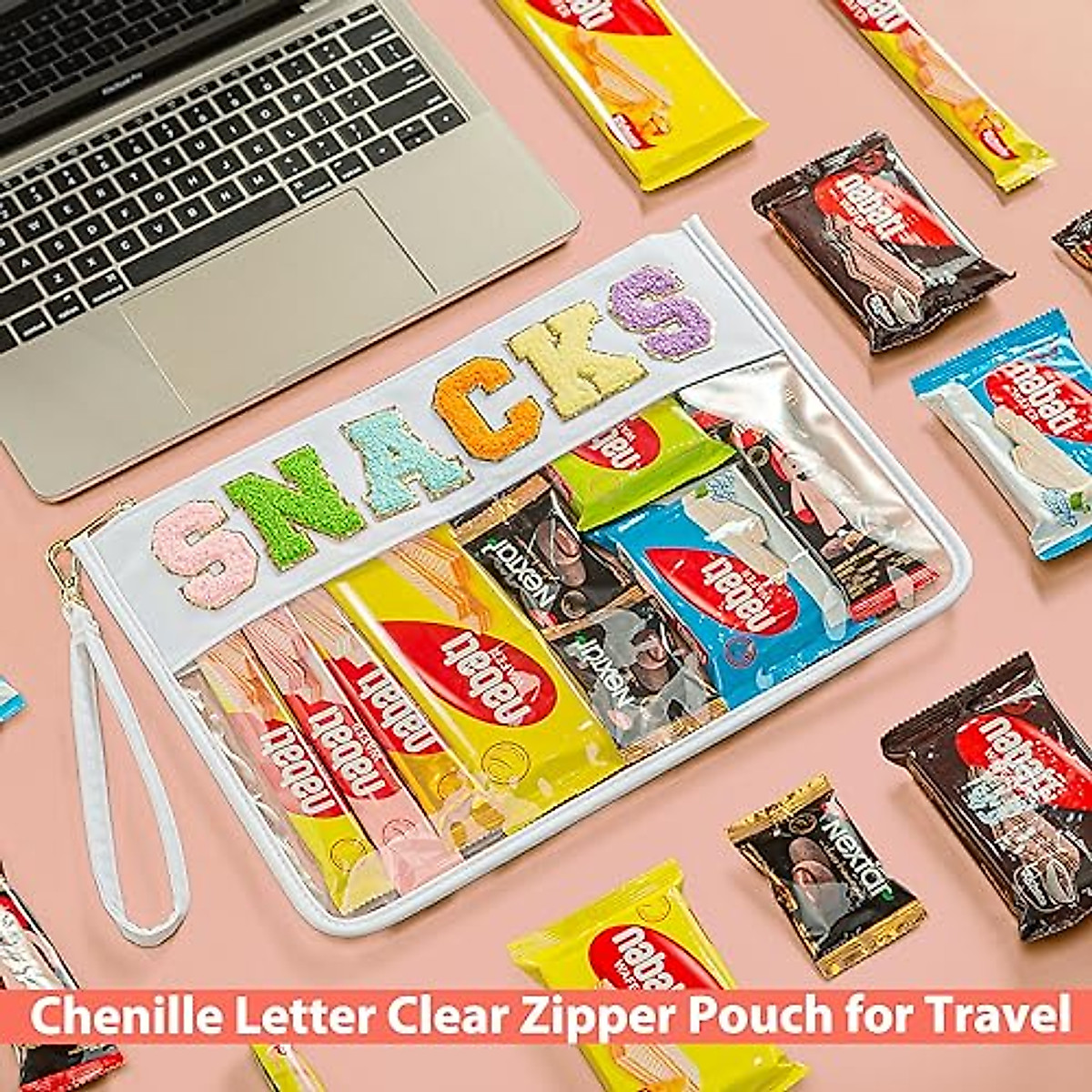 HANAMO Chenille Letter Clear Bag Snacks, Snacks Bag Chenille Waterproof Nylon Transparent Bag Chenille Letter Bag Snacks Pouch Clear Cosmetic Bag with Zipper Portable Makeup Wrist Bag